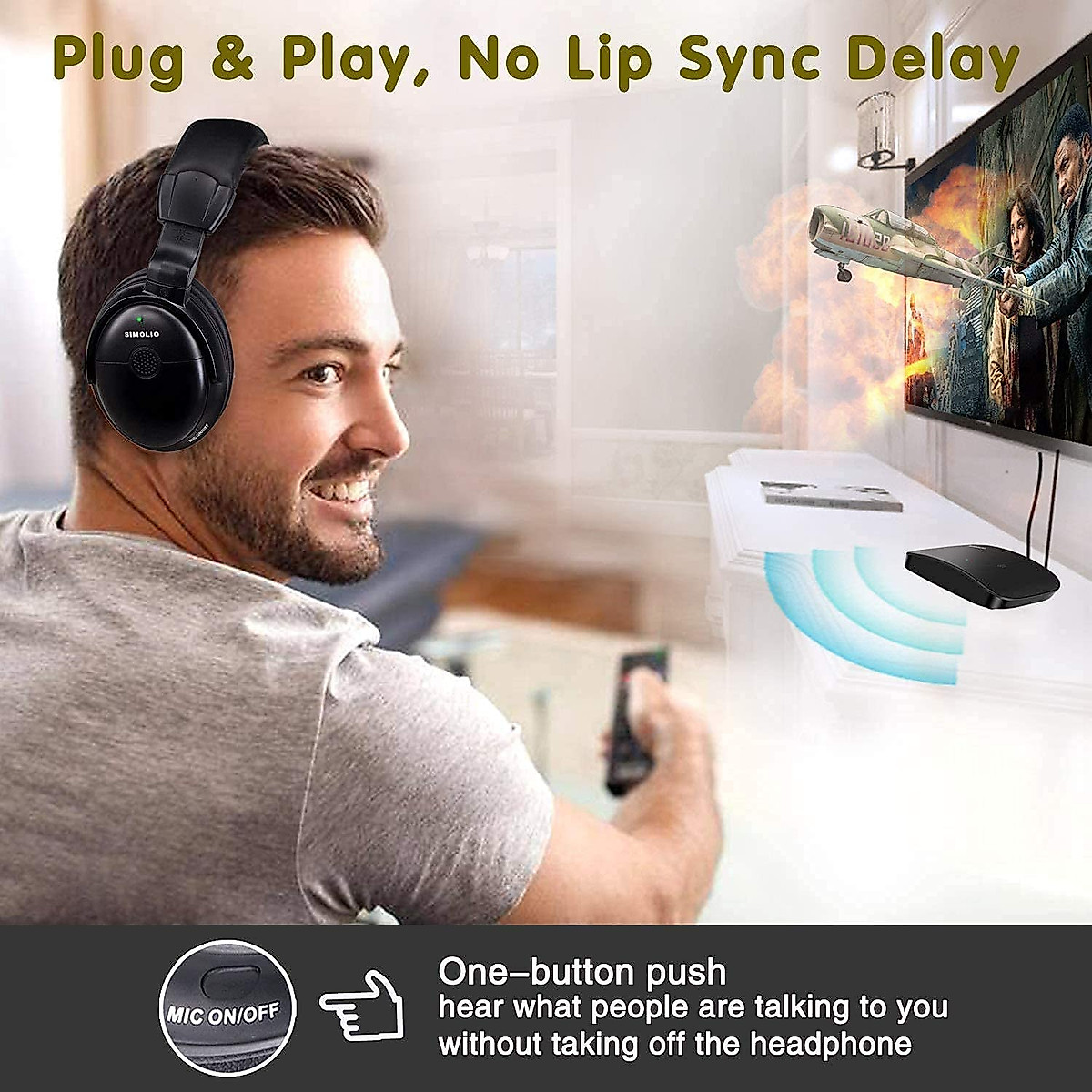 SIMOLIO 2.4GHz Wireless Headphones for TV with Spare Battery, Optical, RCA and AUX Audio Output Supported