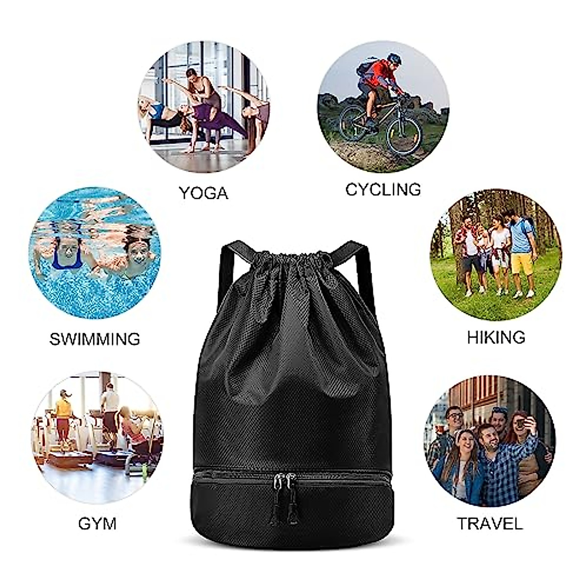 Qoosea Drawstring Backpack Sports Gym Bag with Shoe Compartment Water Resistant Drawstring Sackpack for Women Men (Black)