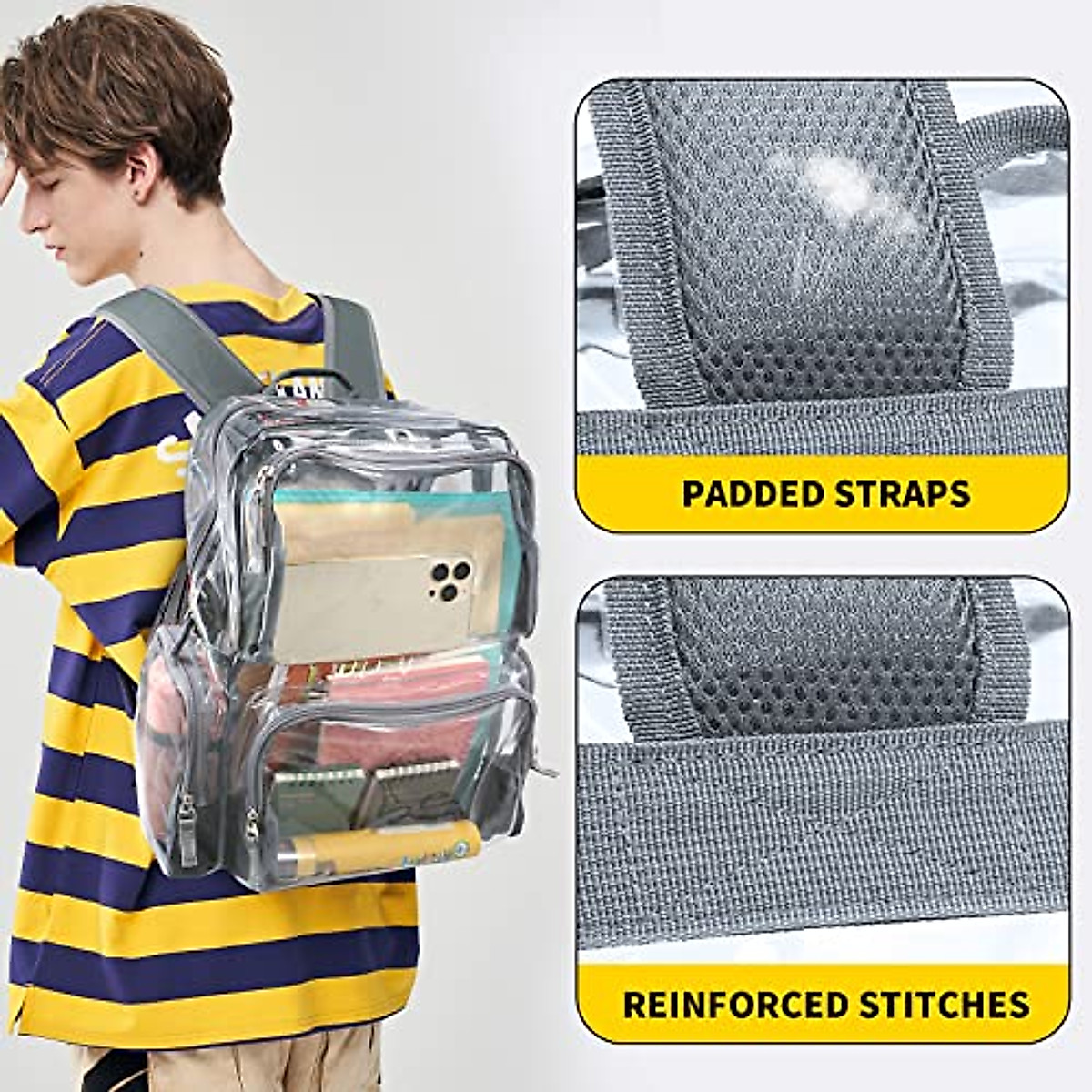 Vorspack Clear Backpack - Transparent Backpack with Reinforced Bottom & Multi-pockets for College Workplace Security - Grey