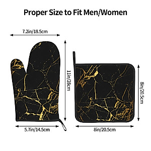 RENGMIAN Black Gold Marble Oven Mitts and Pot Holders Heat Resistant Oven Gloves Safe Cooking Baking Grilling