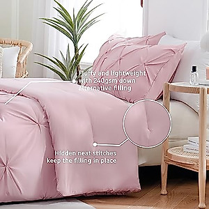 DOWNCOOL Twin Comforter Set - Pink Pintuck Bedding Comforter Sets, 2-Piece Twin Bed Set, 1 Soft Pinch Pleated Comforter and 1 Pillowcase, Down Alternative Bedding Comforters & Sets for All Season