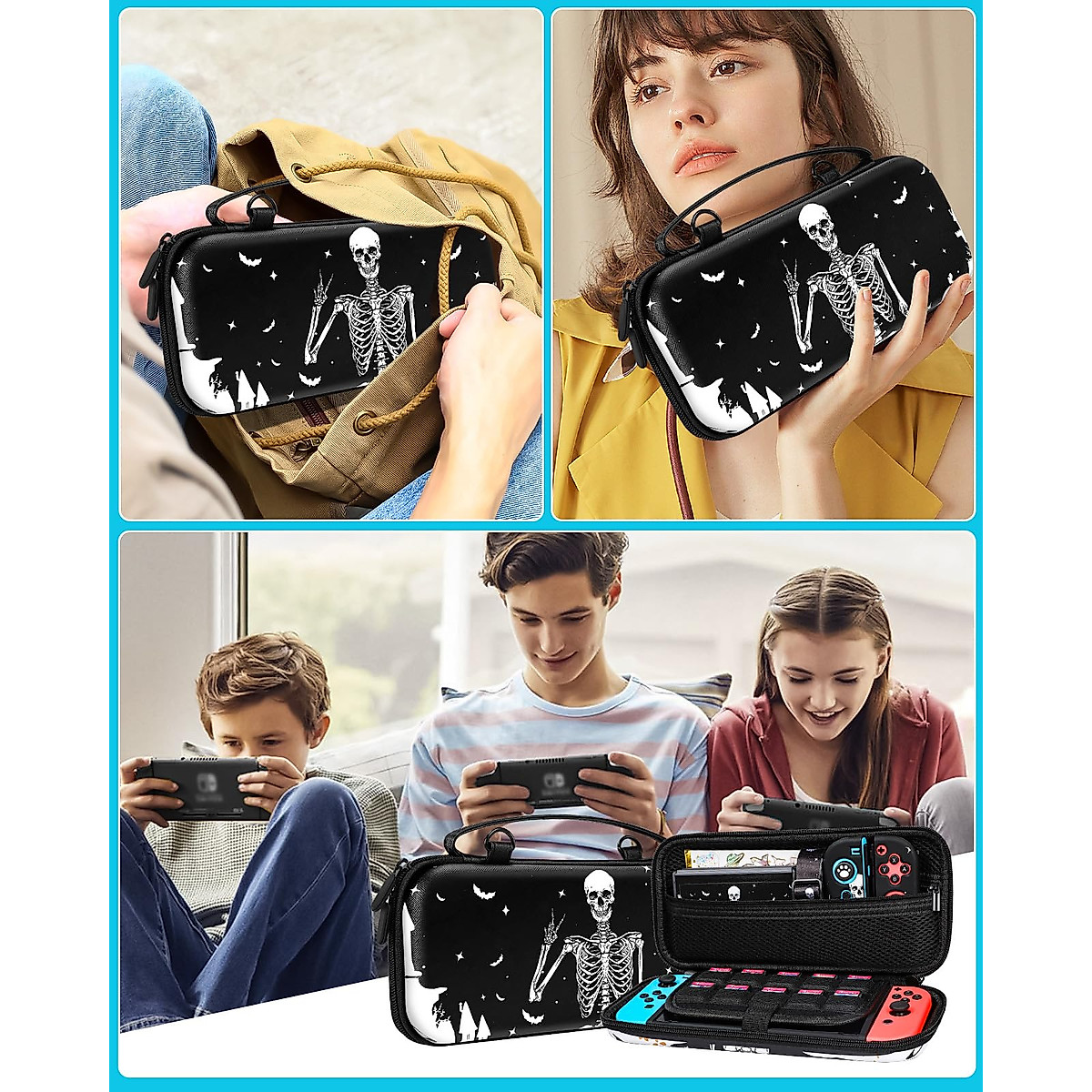 Gurgitat 9in1 Skull Skeleton Switch Case for Nintendo Switch Carrying Cases & Storage Accessories Bundle Kit Thumb Grips+Game Holder+Dockable Skin+Shoulder Strap+Sticker for Switch Travel Pouch Bag