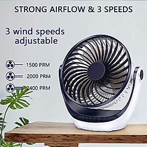 Aluan Desk Fan Small Table Fan with Strong Airflow Rechargeable Battery Operated Portable Fan 3 Speeds Adjustable Head 360°Rotatable Mini Personal Fan for Home Office Bedroom Table and Desktop