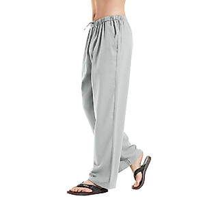 YuKaiChen Men's Linen Pants Yoga Sweatpants Beach Trousers Soft Casual Pants Light Grey Large