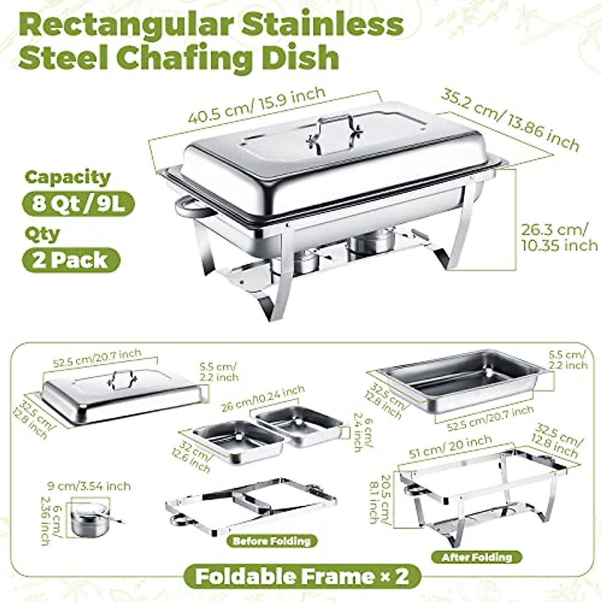 4 Pcs Chafing Dishes Buffet Set Stainless Steel Chafing Dishes 9.5 Qt Rectangular Chafers 3.7 Qt Round Buffet Warmers Set Silver Food Warm with Folding Frame for Banquet Party Catering Supplies
