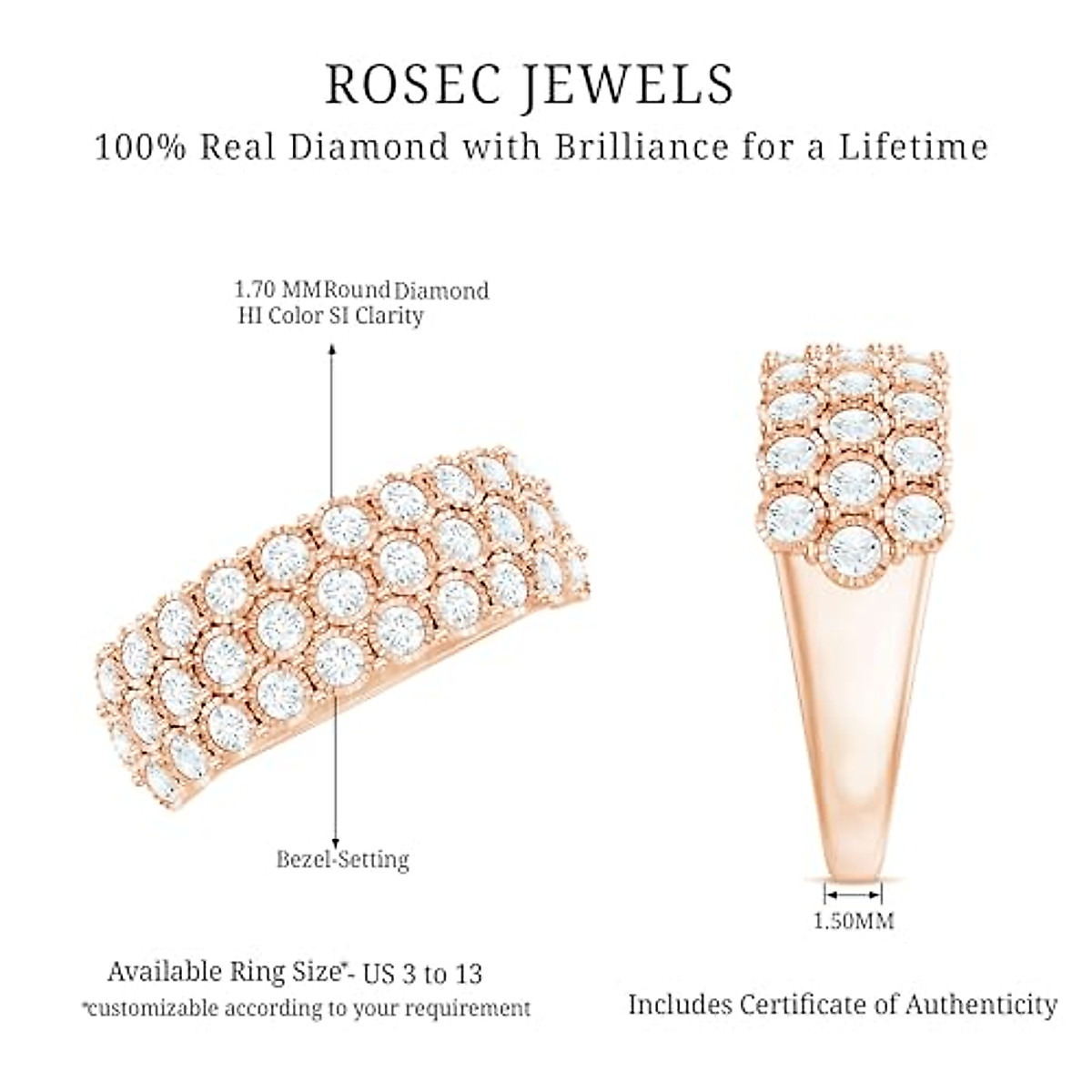 Natural Diamond Wide Wedding Band, Hi-Si Clarity, Certified Diamond Anniversary Ring - With Jewelry Box, 14K Rose Gold, Size:US 9.00