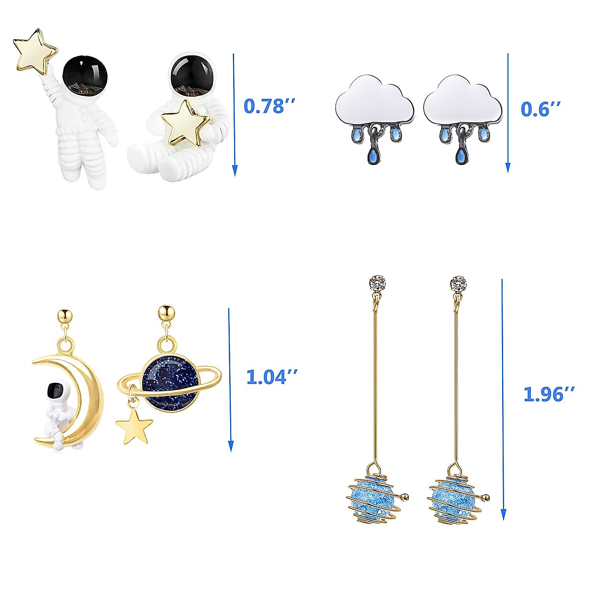 Astronaut Stud Earrings, 4 Pairs Creative Asymmetric Spaceman Star Moon Stud Earrings Planet Dangle Cloud Rain Drop Earrings for Girls Kids Women