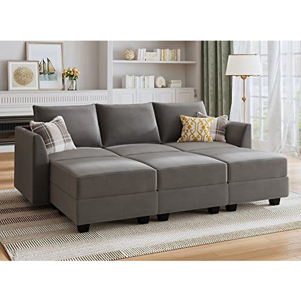HONBAY Modular Sofa Sectional Sleeper Couch with Ottoman Velvet 6 Seater Sofa with Storage Seat Convertible Sectional Sofa Couch Set for Living Room, Grey