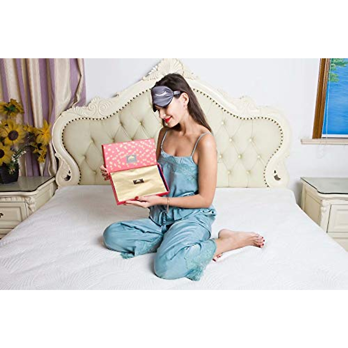 BlueHills Luxury Silk Pillowcase Gift Set - 100% Pure Mulberry Natural Soft Both Sides Silk Pillowcase 2 Pack for Hair and Skin & 1 Pure Silk Eye Mask Gift Box 3 Piece Set Light Bronze King Size K015