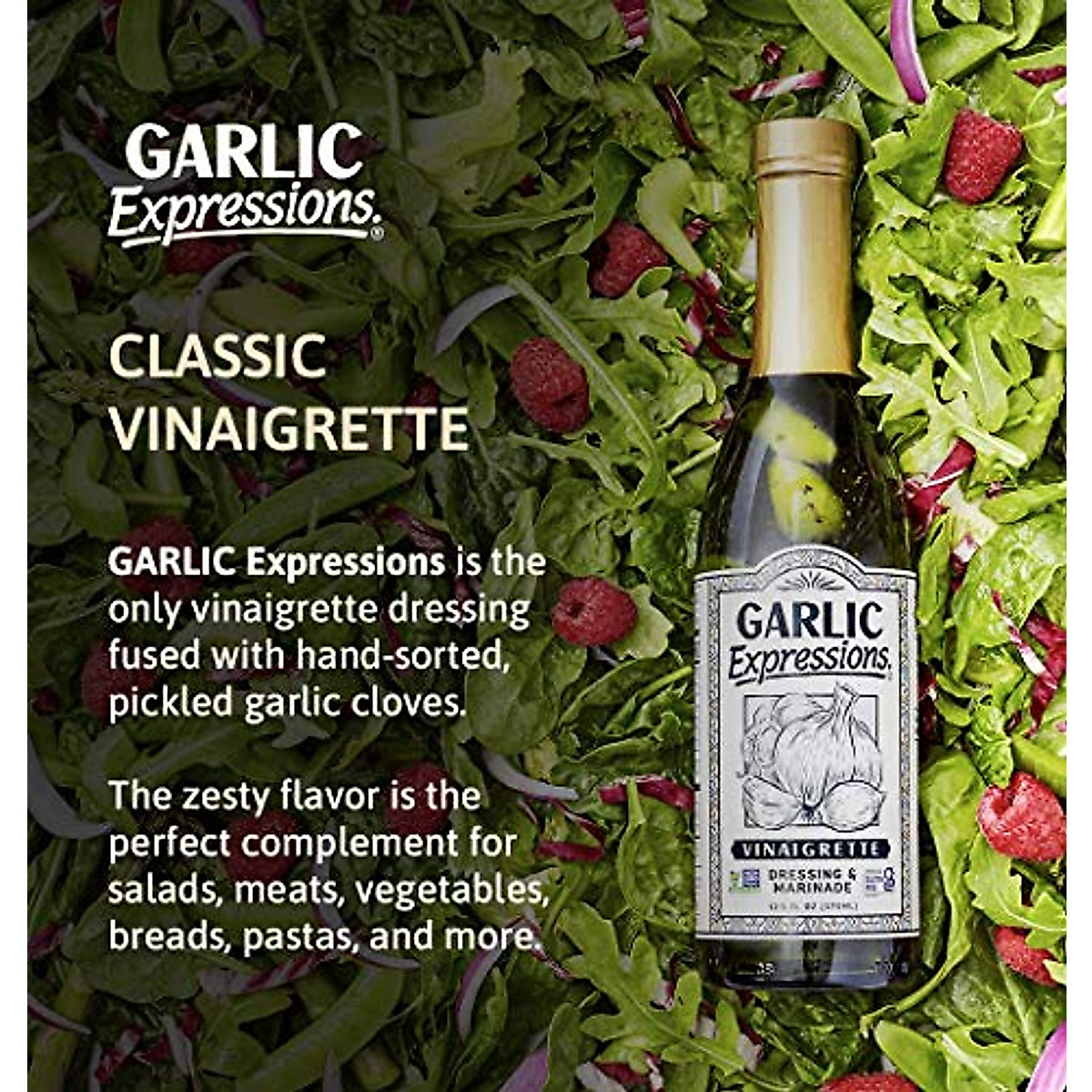 Garlic Expressions Vinaigrette Salad Dressing, Marinade | Non GMO, Vegan, Kosher, Allergen and Gluten Free Garlic Oil Vinaigrette Dressing Made with Hand-sorted Whole Fresh Garlic Cloves | 1 Pack