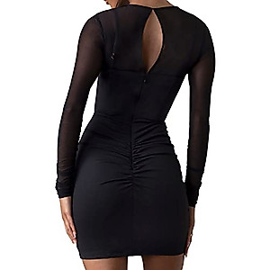 Uni Clau Women’s Sexy V Neck Mesh Patchwork Long Sleeve Mini Dress Criss Cross Backless Halter Neck Bodycon Party Clubwear Night Club Skinny Dresses Black L