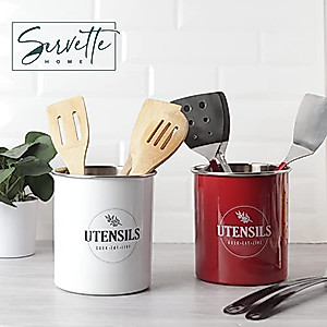 Stainless Steel Utensil Holder with 2 pc Set of Turners -White Crock Caddy for Large Utensil Holder for Kitchen Counter.