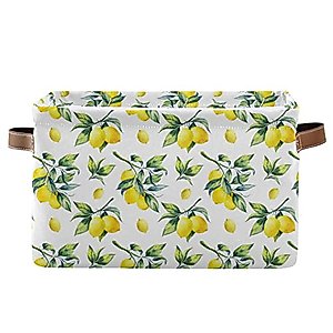 ALAZA Lemon Leaves Watercolor Summer Large Storage Basket with Handles Foldable Decorative 1 Pack Storage Bin Box for Organizing Living Room Shelves Office Closet Clothes