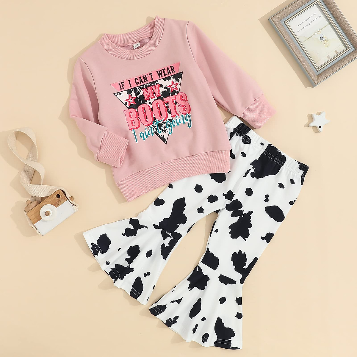 Hnyenmcko Toddler Western Baby Girl Clothes Bell Bottom Outfits Long Sleeve Cowgirl Sweatshirt + Cow Print Pants Fall Outfit (A-Pink, 2-3 Years)