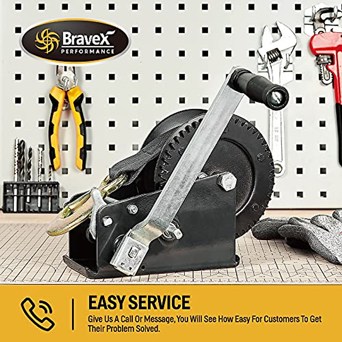 Bravex Boat Trailer Winch 3500lbs with 33ft Strap, Heavy Duty Hook Portable Hand Winch, Two Way Ratchet Manual Winch for SUV ATV UTV for 4:1/8:1 Gear Crank Winch (3500lb with Cable Black Winch)