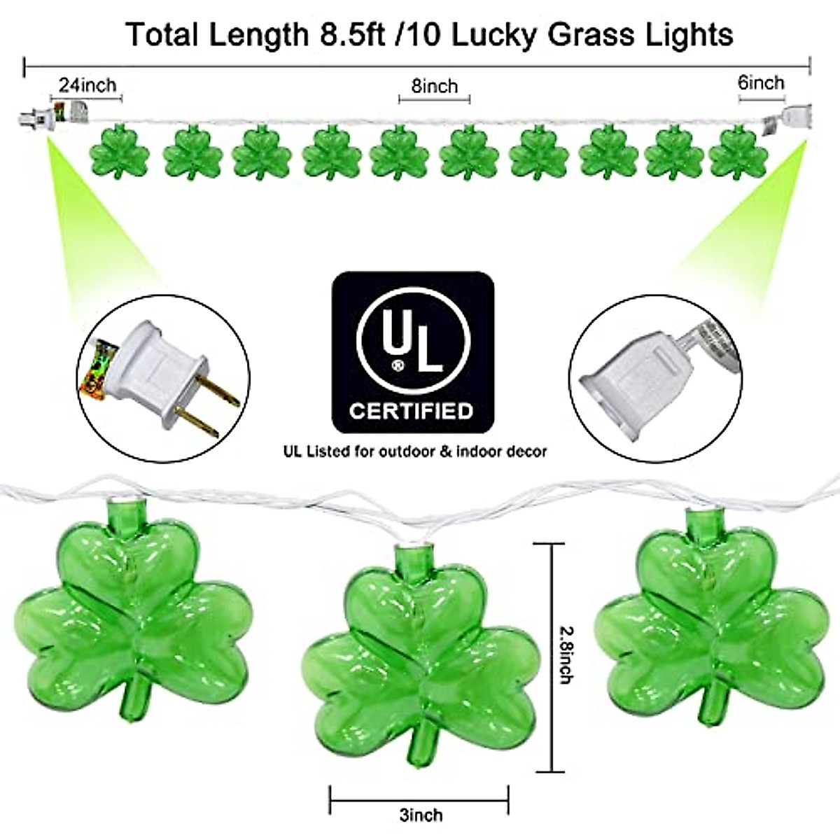 Shamrock String Lights, 8.5Ft St Patrick's Day Decorations String Lights with 10 Clover Lights, Connectable Shamrock Indoor Fairy Lights for St Patrick's Day Party Irish Holiday Garden Decor, White