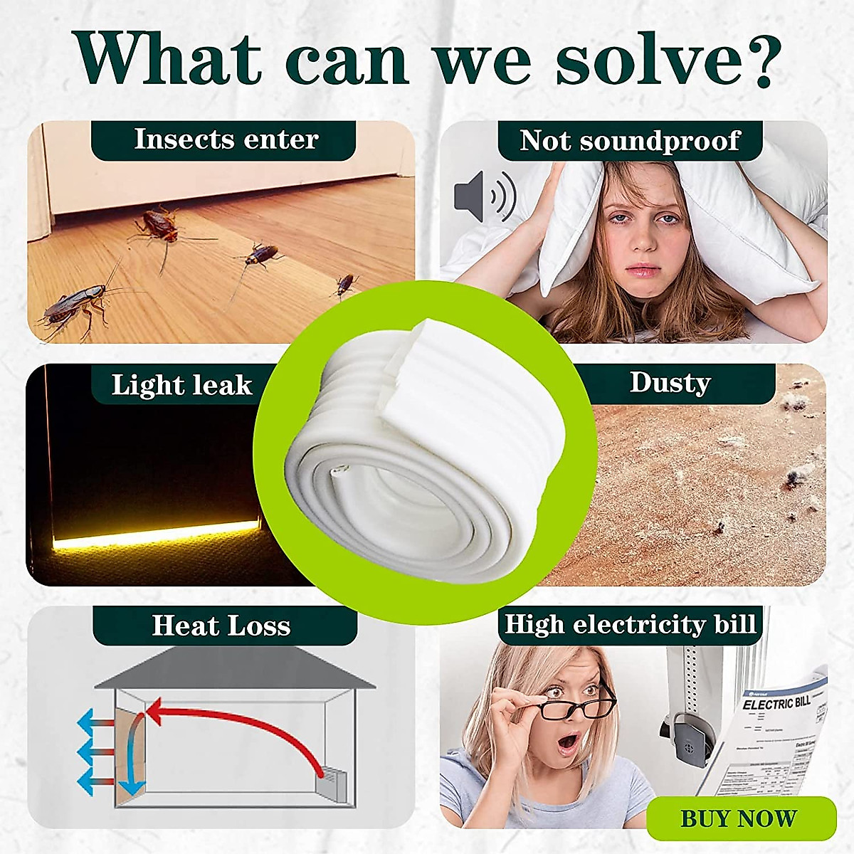 Door Draft Stopper, 36.7" Adjustable PVC Under Door Draft Stopper Door Seal Weather Stripping — Energy Saving Door Draft Blocker Door Sweep for Reduce Noise, Cold Air, Dust, Smoke, Wind | White