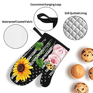 Oven Mitts and Pot Holders Sets Farmhouse Sunflower Pig American Flag Kitchen Microwave Gloves and Hot Pads Potholders with Cotton Liner Grip Cooking Mitts for Baking Cooking Grilling BBQ
