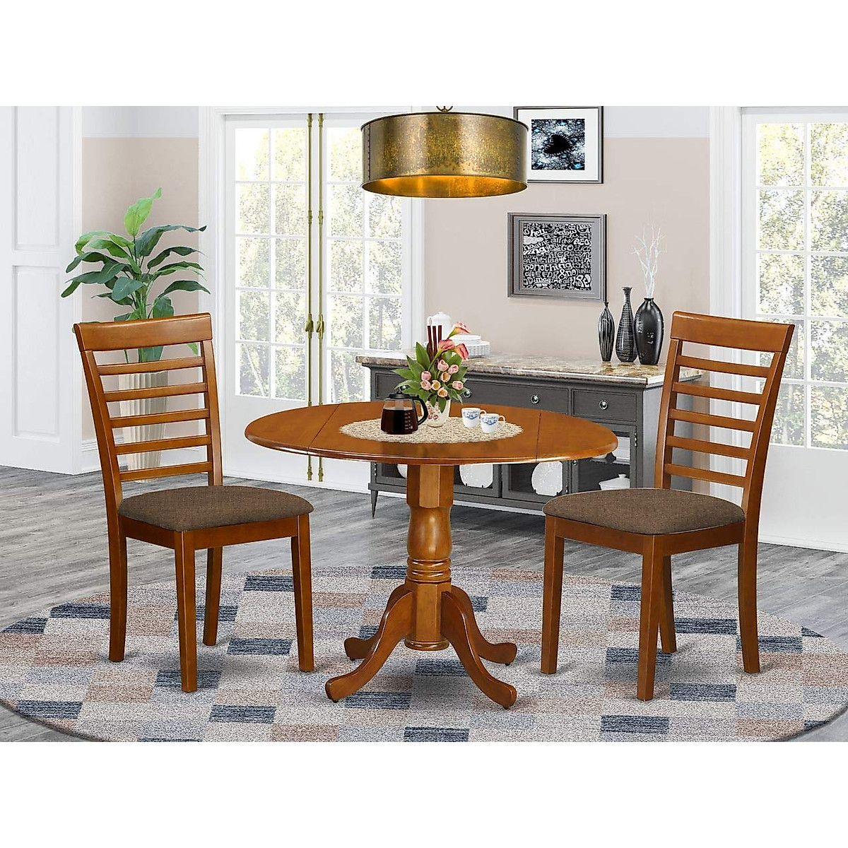 East West Furniture DLML3-SBR-C 3 Piece Set Contains a Round Dining Room Table with Dropleaf and 2 Linen Fabric Upholstered Kitchen Chairs, 42x42 Inch, Saddle Brown