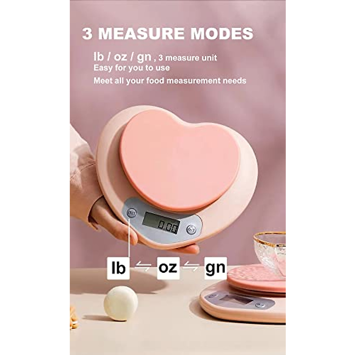 YRY Pink Kitchen Scale - Large LCD Display, Tare Function, 11 lbs(5kg) Capacity, 0.03 oz.(1g) Precise Graduation, ML and Oz Unit for Liquids and Solids - Ideal Food Scale for Baking & Cooking (5kg/1g)