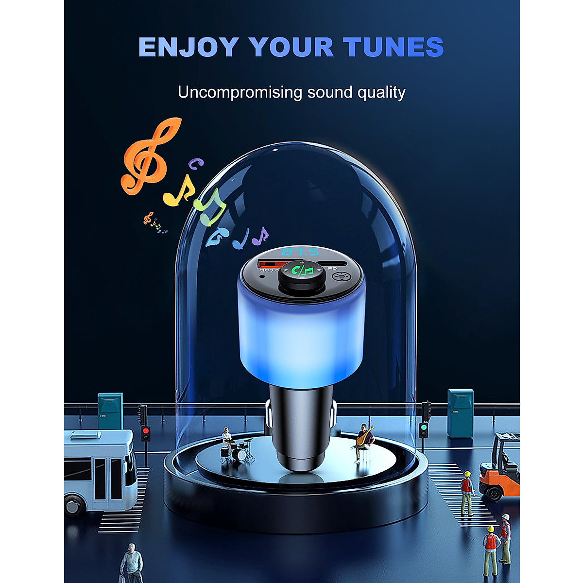 RIWUSI Bluetooth 5.3 FM Transmitter for Car, [All-Over Glow] PD 30W+QC 3.0 Dual-Port Fast Car Charger, Wireless FM Radio Bluetooth Car Adapter with Hands-Free Calling, Hi-Fi Music Player/Car Kit