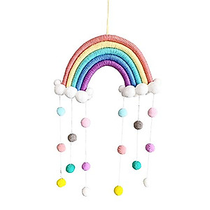 Macrame Rainbow Wall Hanging Decor Pom Pom Garland Colorful Ball for Kids Room Girls Bedroom Baby Shower Nursery Decorations Kids Room Wall Decor for Bedroom Playroom Classroom