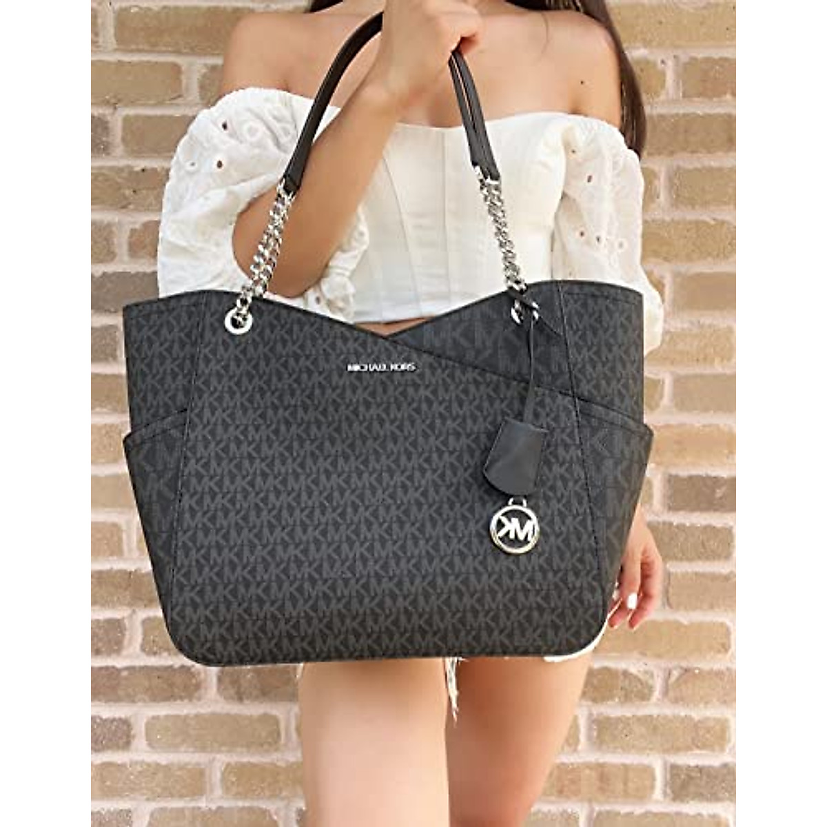 Michael Kors Jet Set Travel Large Chain Shoulder Tote Black MK Signature