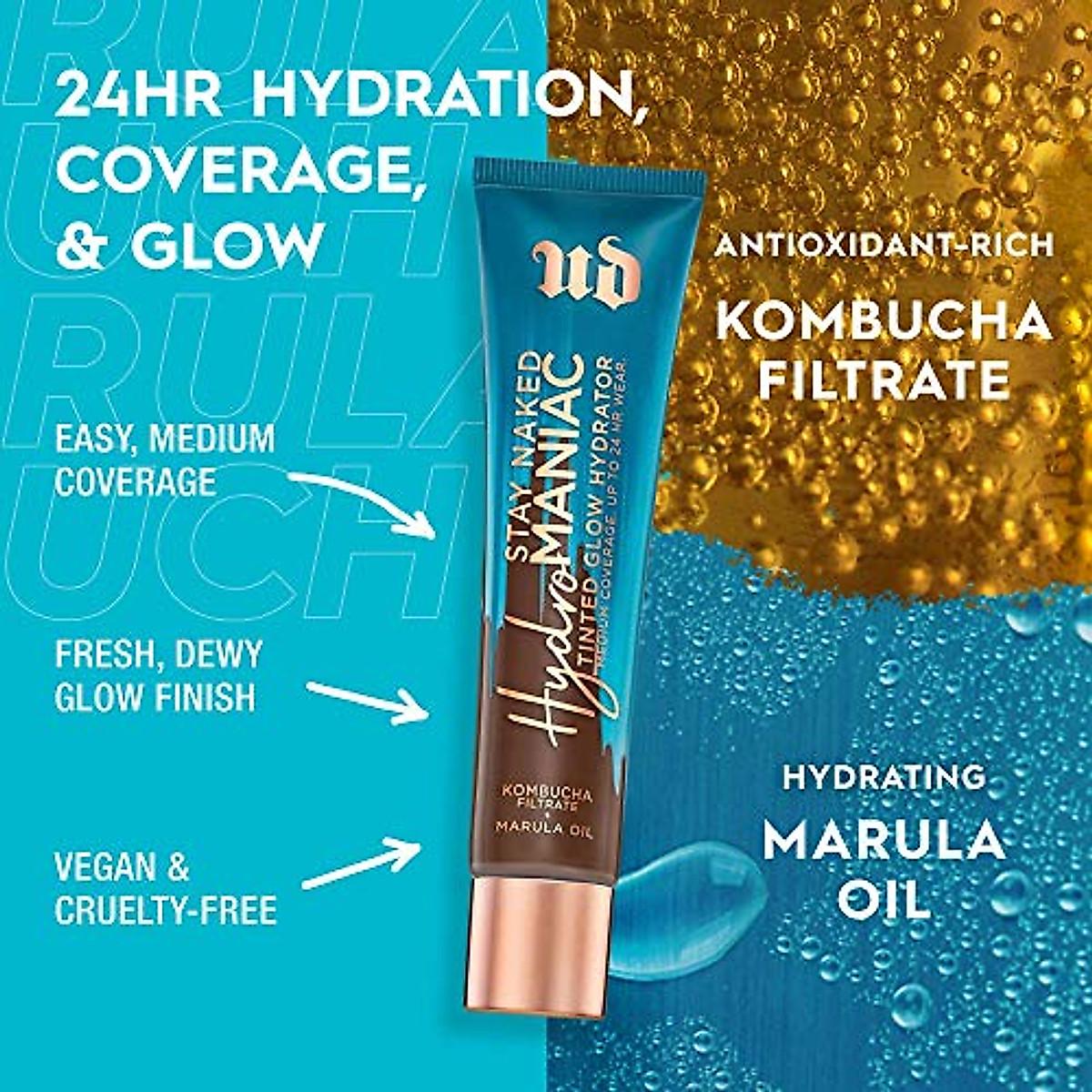Urban Decay Hydromaniac Tinted Moisturizer - 24HR Hydrating & Glowy Medium Coverage Foundation - With Kombucha Filtrate + Marula Oil - Lightweight, Dewy Skin Finish – 81 Deep Neutral, 1.1 Oz