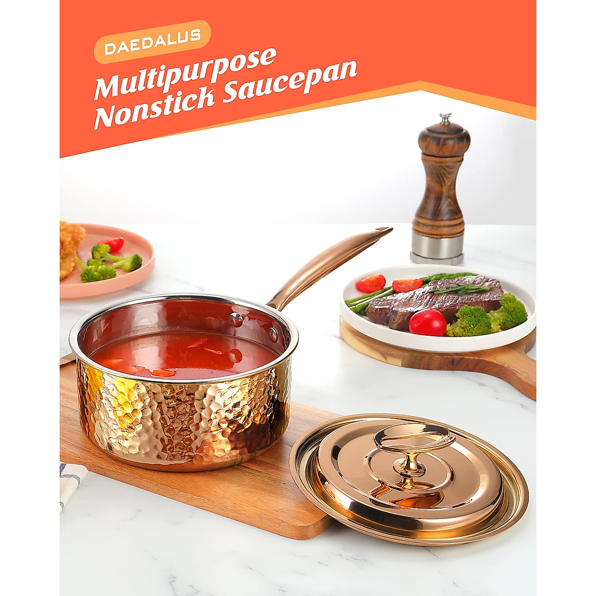 DAEDALUS 3 Quart Uncoated Nonstick Saucepan with Lid, Stainless Steel Pot Triply Hammered Copper for Cooking, Induction Saucepan Cookware for Home Kitchen Restaurant, Dishwasher Oven Safe - Gold