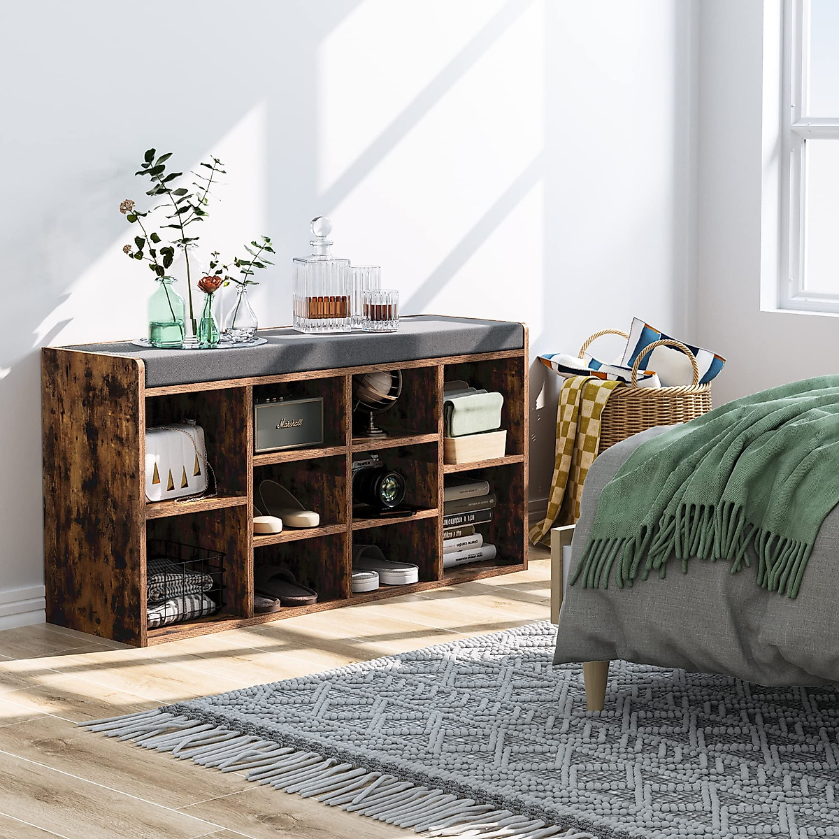vinform Shoe Cabinet Storage Bench with Cushion, 10-Cube Shoe Storage Bench for entryway, Holds up to 220lbs, Rustic Brown