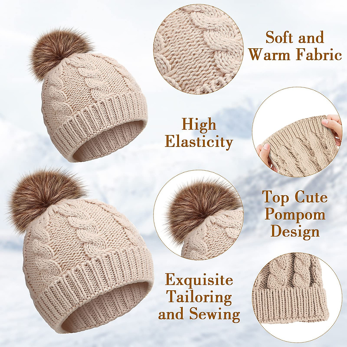 3 Pcs Parent Child Hat Knitted Baby Beanie Mother Daughter Hat Warm Knit Hat Pom Pom Parent Baby Beanie Hats for Winter (Beige)