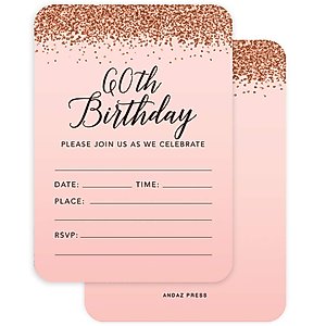 Andaz Press Blush Pink and Rose Gold Glitter Elegant Party Collection, 5x7-inch Invitations with Envelopes, 60th Birthday, 24-Pack, Double Sided Printing, Heavy Card Stock, Includes Envelopes