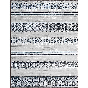 8x10 Area Rugs for Living Room Bedroom: Large Machine Washable Rug with Non-Slip Backing Non Shedding Stain Resistant, Soft Geometric Moroccan Carpet for Dining Room Nursery Home Office - Blue/Ivory
