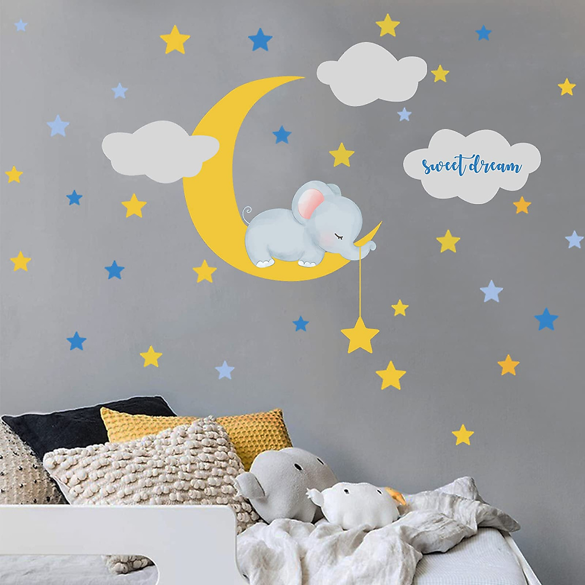 Moon and Stars Wall Stickers, Sleeping Elephant Wall Decals Sweet Dream Decoration for Baby Room Kids Bedroom Nursery and Playroom