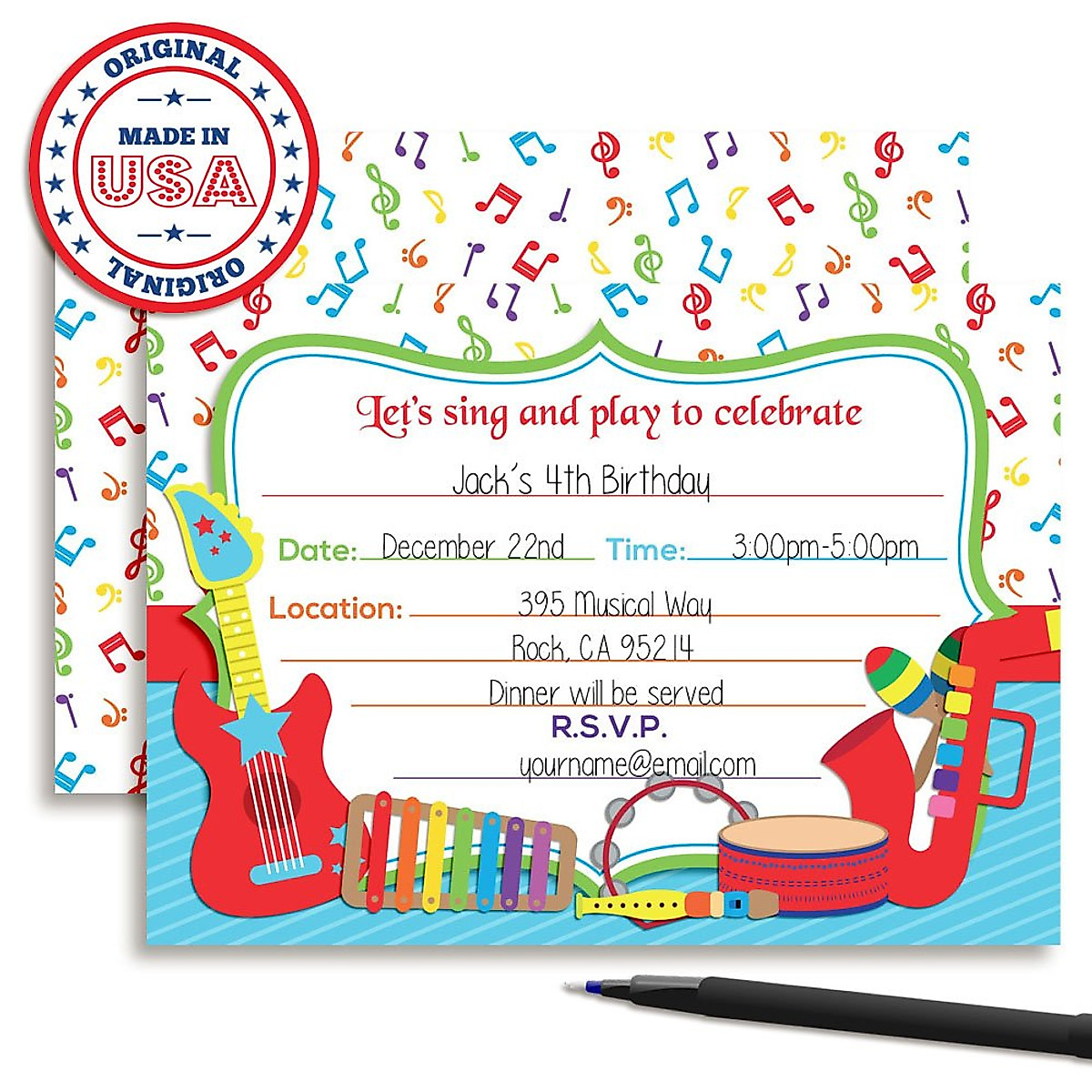 Musical Instruments Sing and Play Themed Birthday Party Invitations, 20 5x7 Fill In Cards with Twenty White Envelopes by AmandaCreation