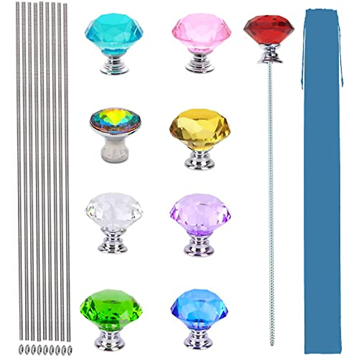 Pack of 9 DIY Fairy Garden Beaded Stakes Wands Kit Stainless Steel Stakes with Diamend Toppers (13 inch, 9 Mixed Diamond top Color)