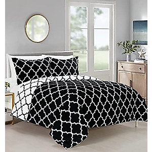 Elegant Comfort All Season Comforter and Year Round Medium Weight Super Soft Quatrefoil Pattern Down Alternative Reversible 3-Piece Comforter Set, Full/Queen, Black/White