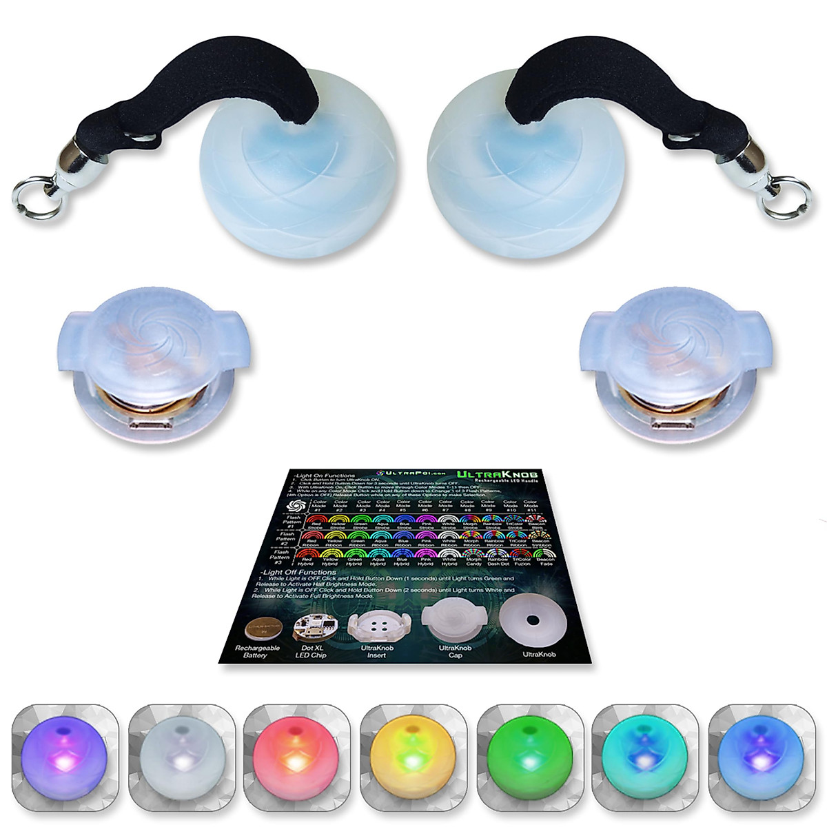 UltraPoi UltraKnob Swivel Handles Set (Pair (2)) - Rechargeable LED Poi Knob Handles - Over 30 Brilliant Rainbow Color Modes & Flashing Patterns - Silicone Knob Set for Poi, Flow Arts & Light Spinning