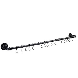 Tysun 47.4 Inch Industrial Pipe Pan Pot Rack Wall Mounted Iron Pipe Kitchen Hanging Rail Kitchen Utensil Cookware Holder Storage Organizer with 15 S Hooks