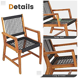 Tangkula 3 Pieces Acacia Wood Outdoor Furniture Set, All-Weather Rope Woven Bistro Set with Armchairs and Coffee Table, Patio Conversation Set for Front Porch, Deck, Balcony