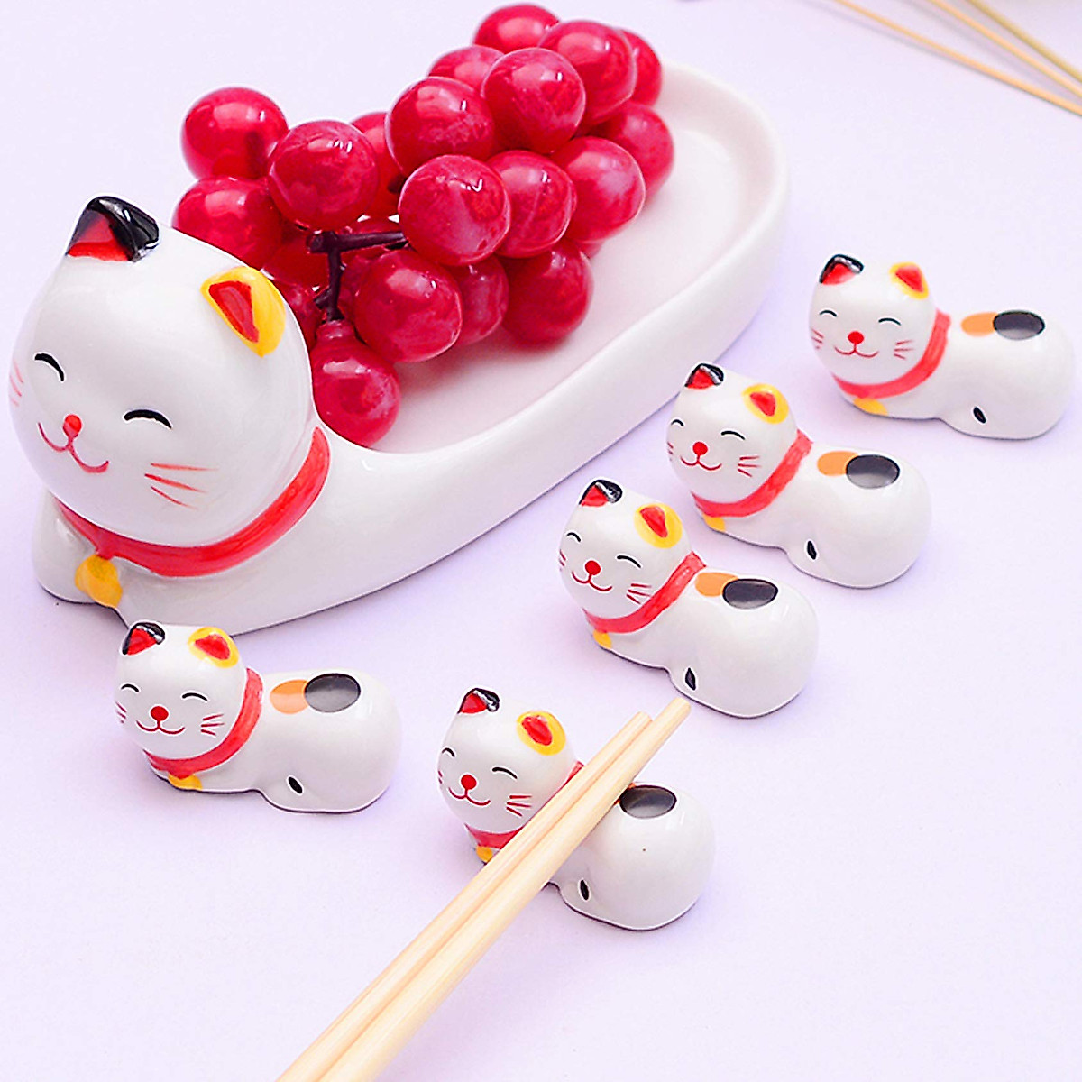 6-piece Cute Ducks Ceramic Chopstick Rests, Spoon Fork Knife Holder Stand Festive Dinner Table Ornament (set)… (Lucky Cat Set)