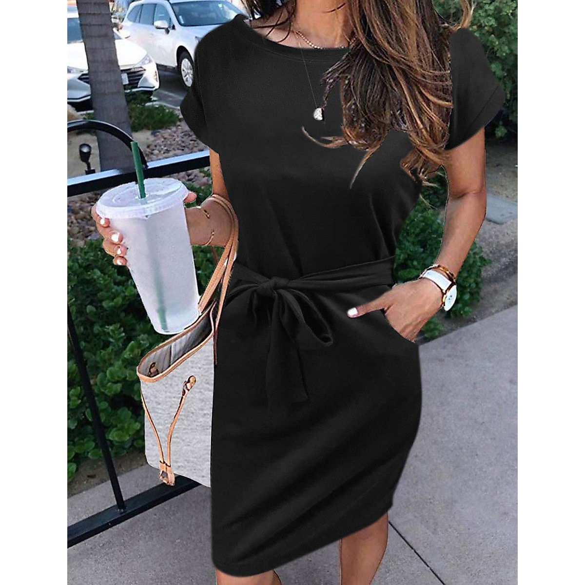 MEROKEETY Women's Summer Striped Short Sleeve T Shirt Dress Casual Tie Waist Midi Dress, SolidBlack, M