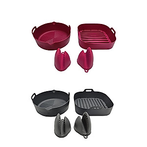 AIR FRYER SILICONE POTS. set of 2 and SILICONE MITTENS included EASY to clean reuseble BPA FREE one square pot and one round pot (GREY)