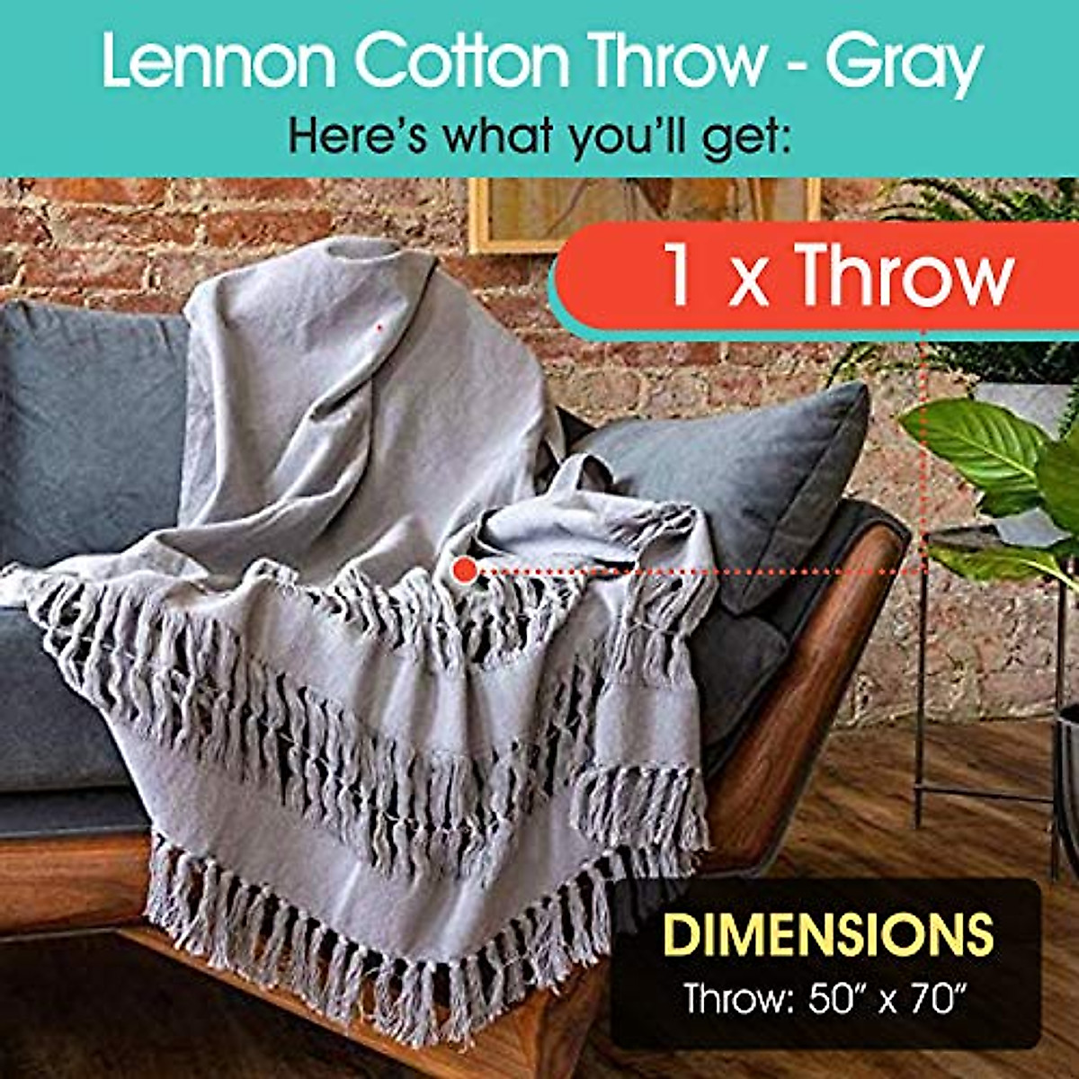 Refinery29 | Lennon Collection | Premium Cotton Textured Throw Blanket, Modern Fringe Design for Luxury Home Décor (50 x 70, Grey)