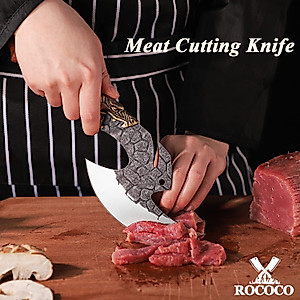 ROCOCO 5.9” Japanese Feather Viking Boning Cleaver Knife Set Forged in Fire Kitchen with Sheath for Outdoor Camping BBQ Christmas Gift Men