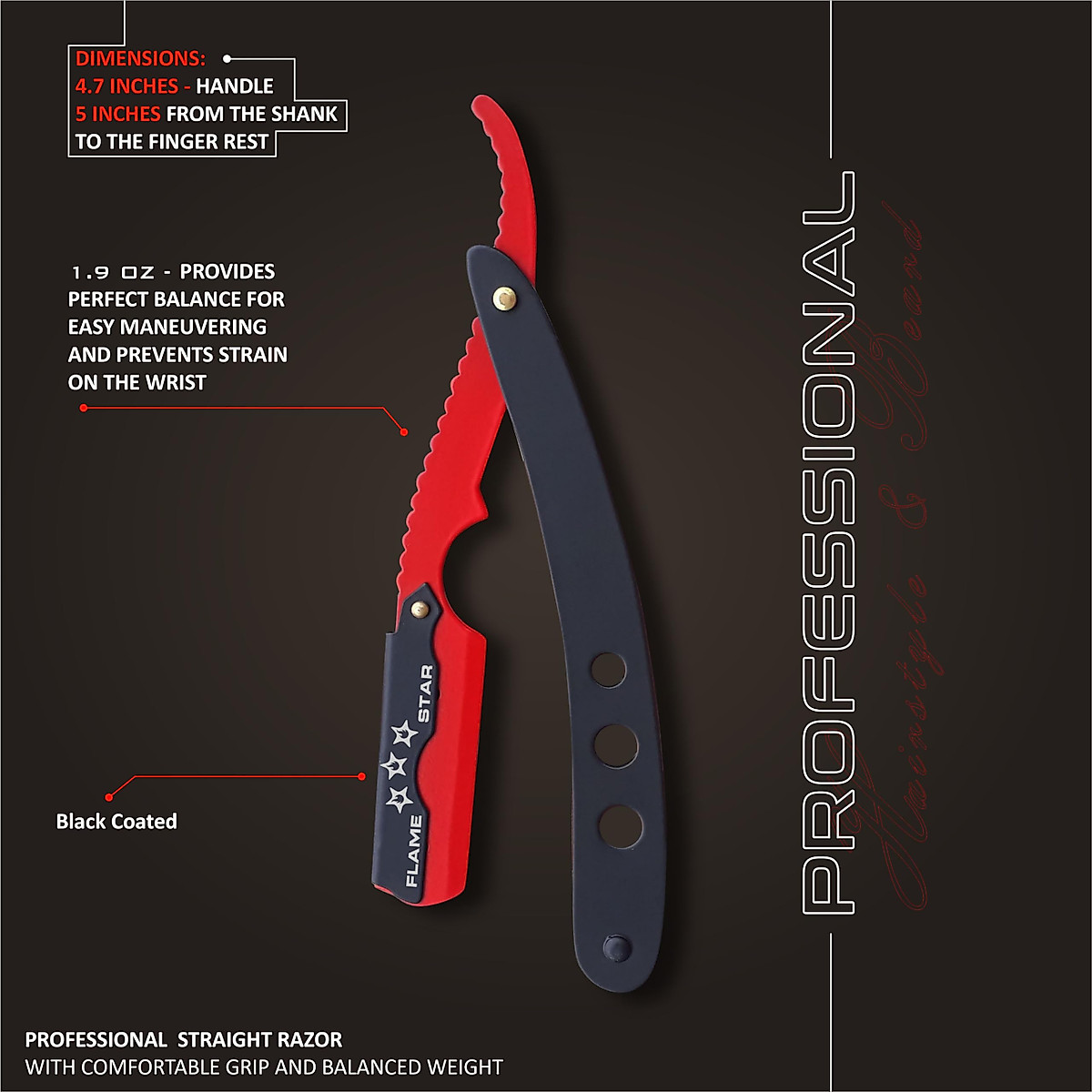 Black Red Barber Staright Edge Salon Hair Cut Razor 100% Stainless Steel with 10 Blades by "FLAME STAR"