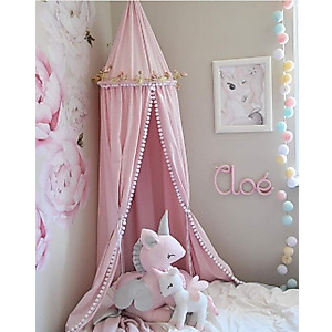 Bed Canopy for Girls Bed with Pom Pom, Cotton Dome Mosquito Net for Baby, Kids Indoor Outdoor Playing Reading, Bedroom Decoration (Peach Pink)