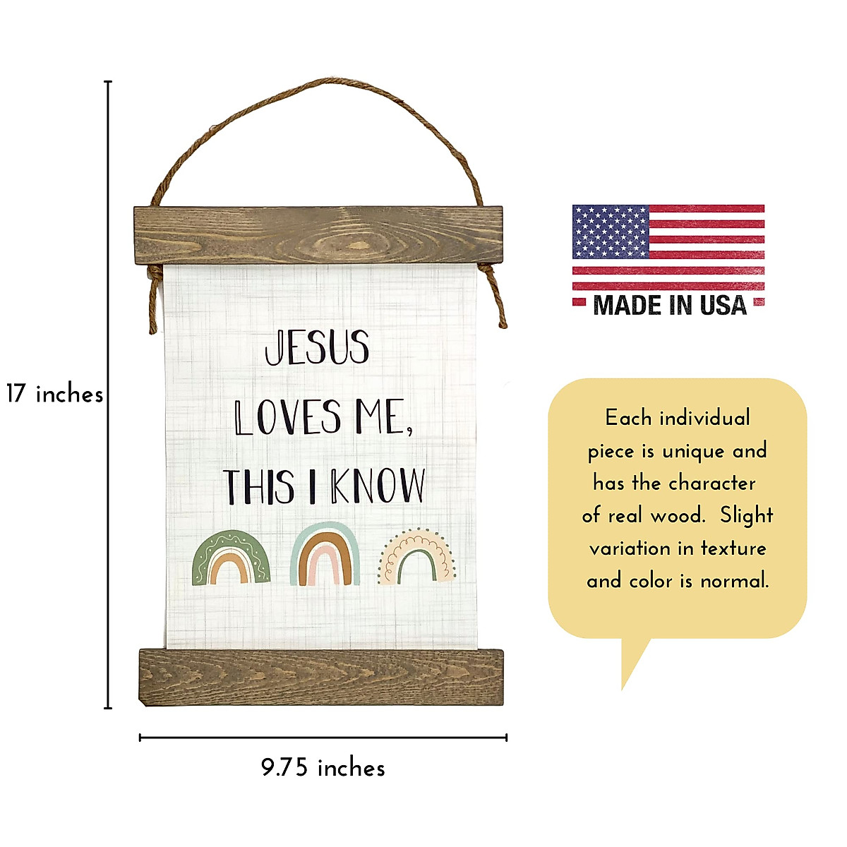 Kingdom Quality Jesus Loves Me This I Know Hanging Canvas - Give Me Jesus, Ten Commandments for Kids, Boho Rainbow Nursery Decor