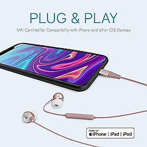 Realm Lightning Earbuds Apple MFi Certified Headphones, in-Ear Headphones with Lightning Connector, Built-in Microphone, Hands-Free Calling and Track Controls, Rose Gold, Pink, RLMA12RG