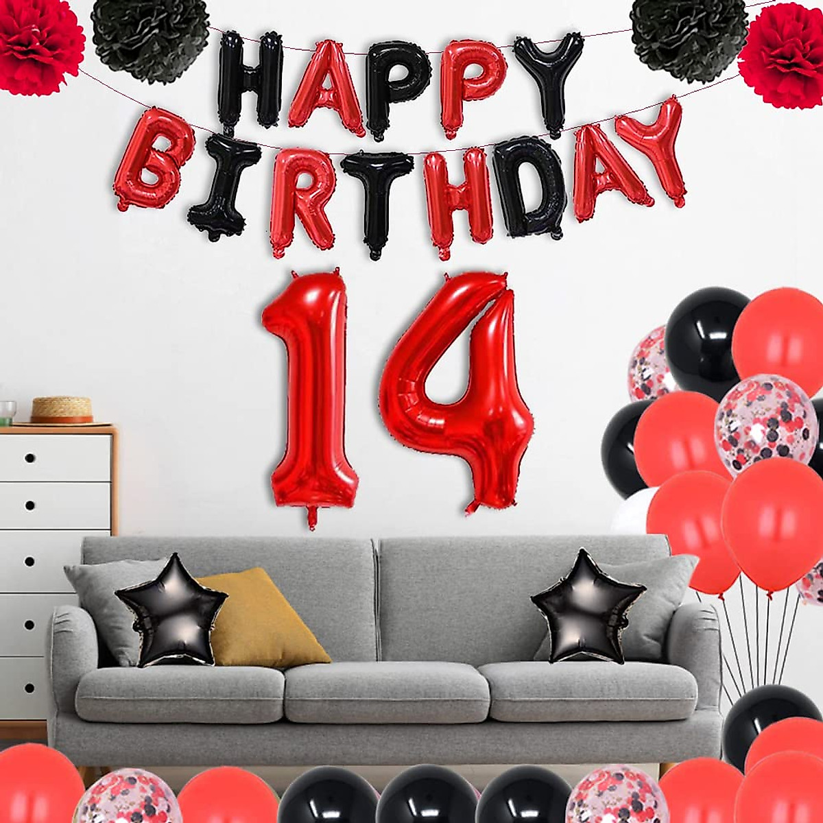yujiaonly 14th Birthday Party Decorations-Happy Birthday Foil Ballons Banner Red Number 14 Happy birthday Sash Latex Balloons Perfect for 14 Years Old Party Supplies Balloons Number 14 Red